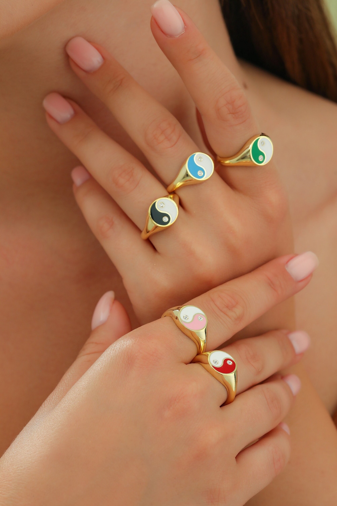 Ying Yang Gold Diamond Enamel Signet Ring, Dainty Colorful White Enamel ...