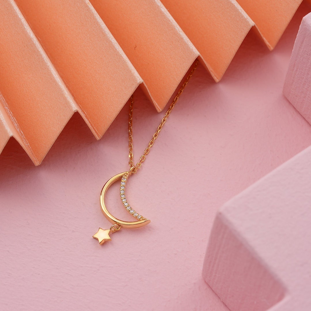 Diamond Moon and Star Charm Necklace, 14k 18k Gold Crescent Moon Star ...