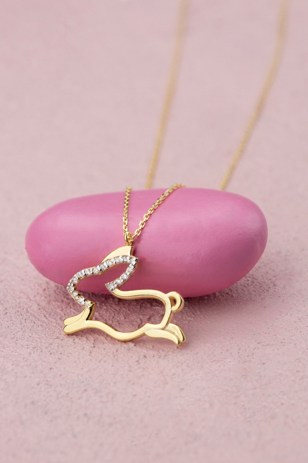 Cute Running Rabbit Charm Pendant Necklace, 14k 18k 10k Gold CZ Bunny ...