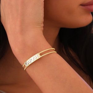14k Gold Initial Name Bangle Bracelet, Personalized Jewelry Gold Cuff Bracelet, Custom Name ...