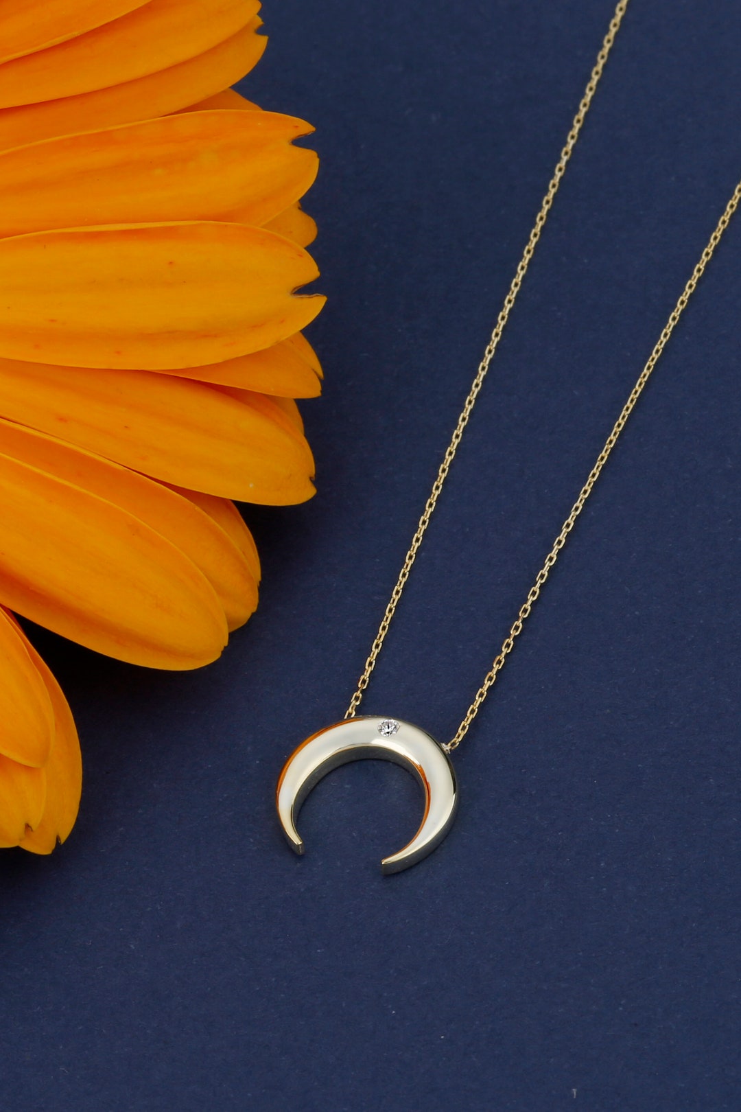 10k 14k 18k Solid Gold CZ Crescent Moon Necklace, Minimalist Upside ...