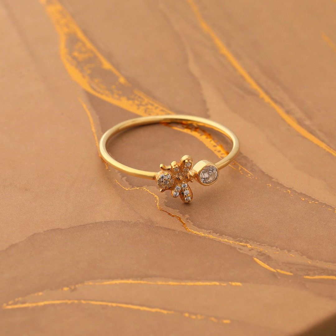 10k 14k 18k Gold Diamond Bumble Bee Ring, Dainty Honey Bee Stackable ...