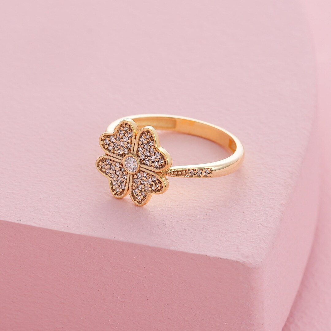 4 Four Leaf Lucky Clover Good Luck Ring, Solid Gold CZ Shamrock Flower ...