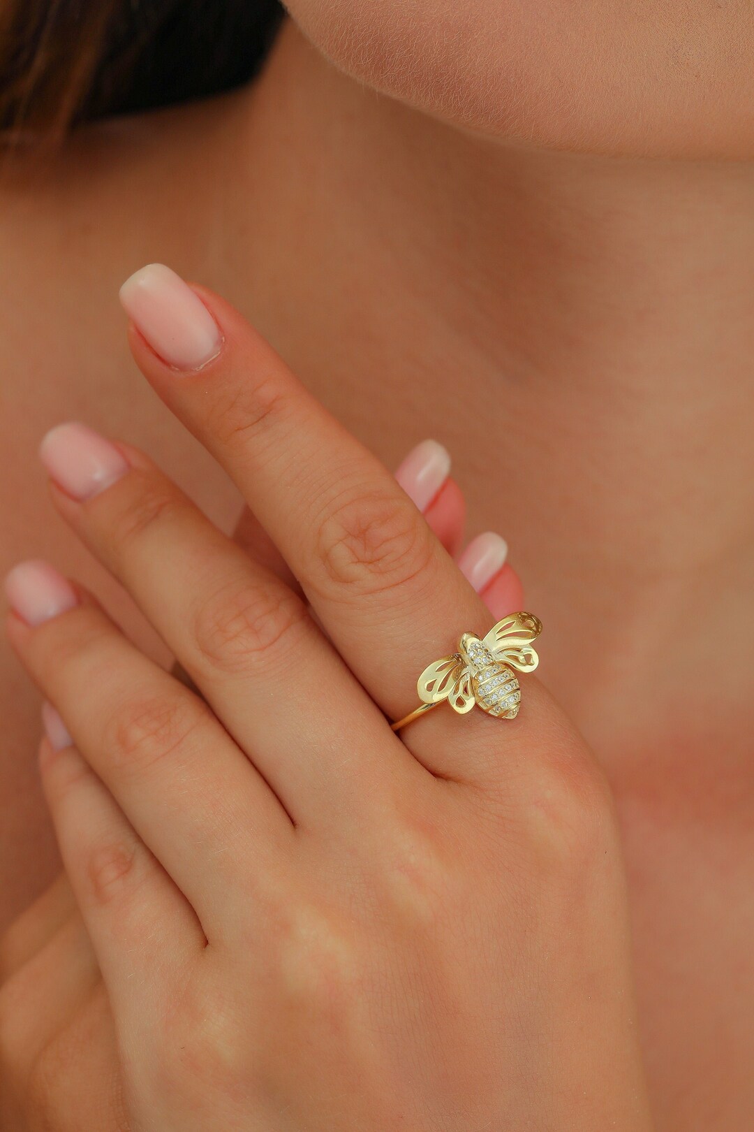 Gold Diamond Bumble Bee Stacking Ring for Women, Delicate Minimalist Honey Bee Ring, Bee Animal ...