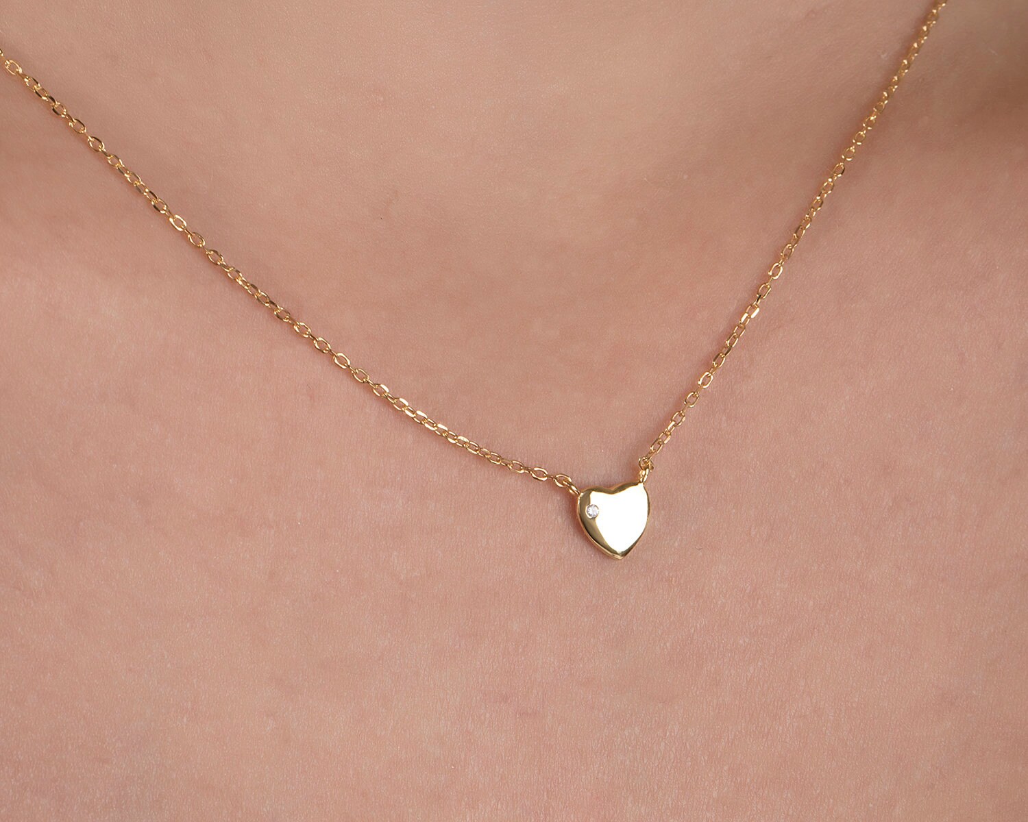 14k Solid Gold Diamond Heart Necklace Real Gold Heart | Etsy