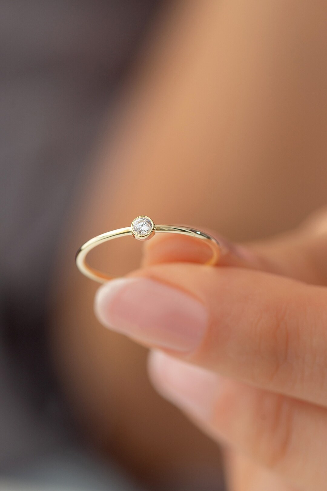 Dainty Diamond Solitaire Promise Ring, Simple Round Diamond Ring ...