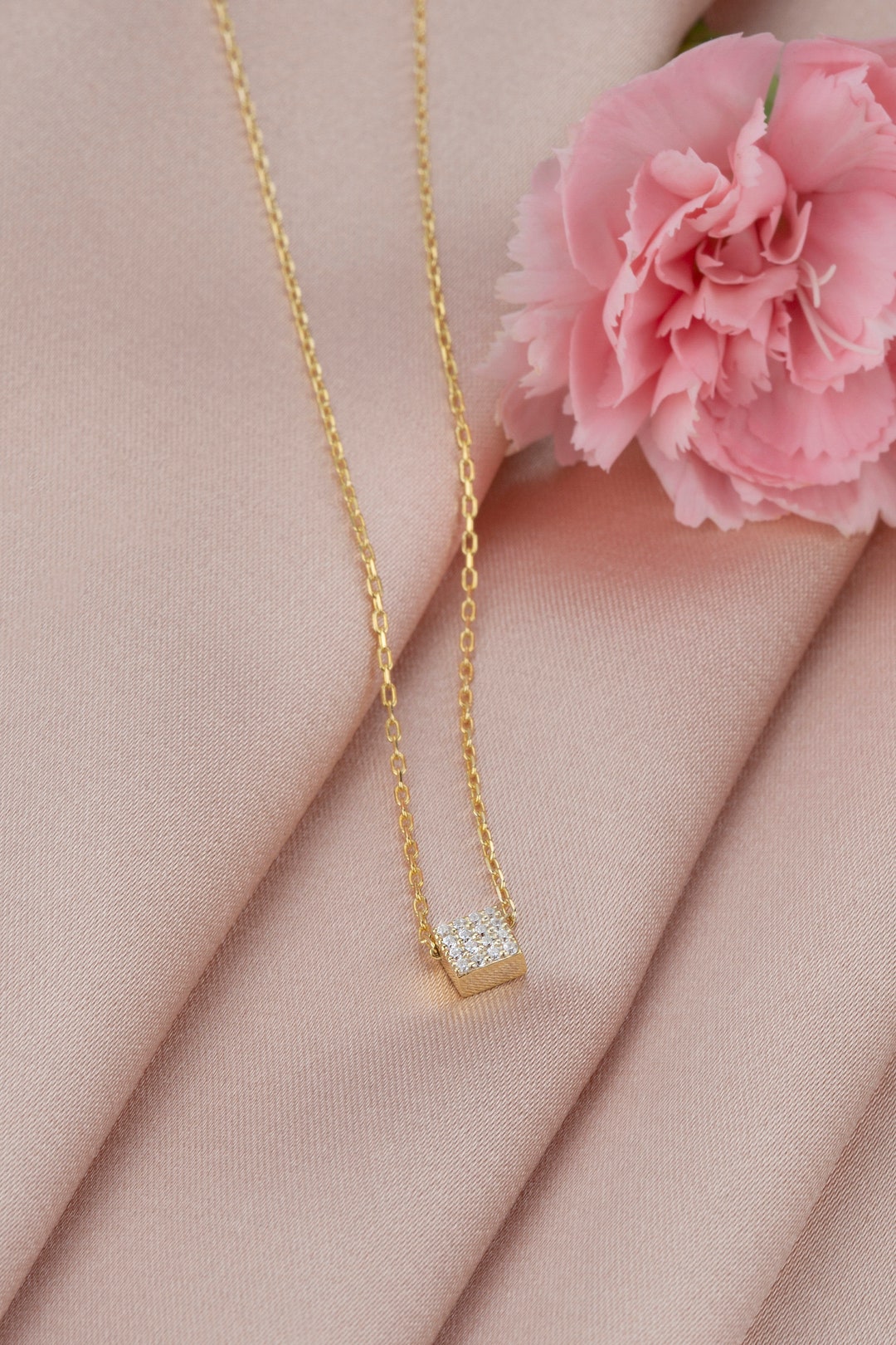 10k 14k 18k Solid Gold Diamond Square Necklace , Dainty Gold Minimalist ...