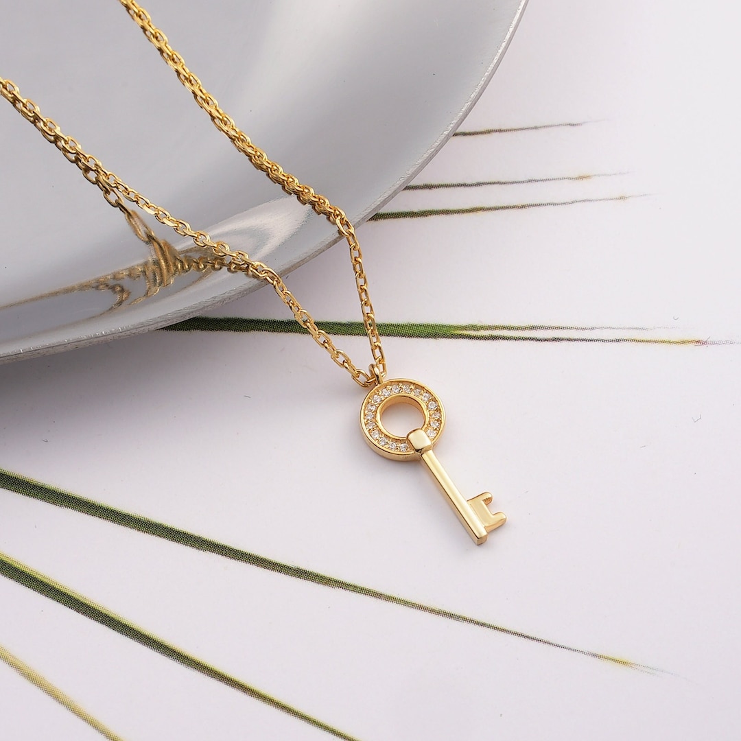 Gold CZ Dainty Key Pendant Necklace, Minimalist Tiny Key Necklace for ...