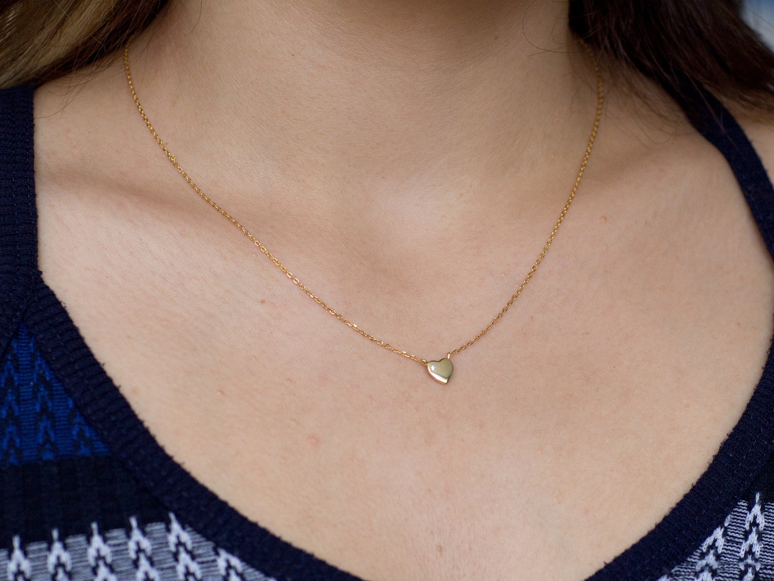 14k Solid Gold Diamond Heart Necklace Real Gold Heart | Etsy