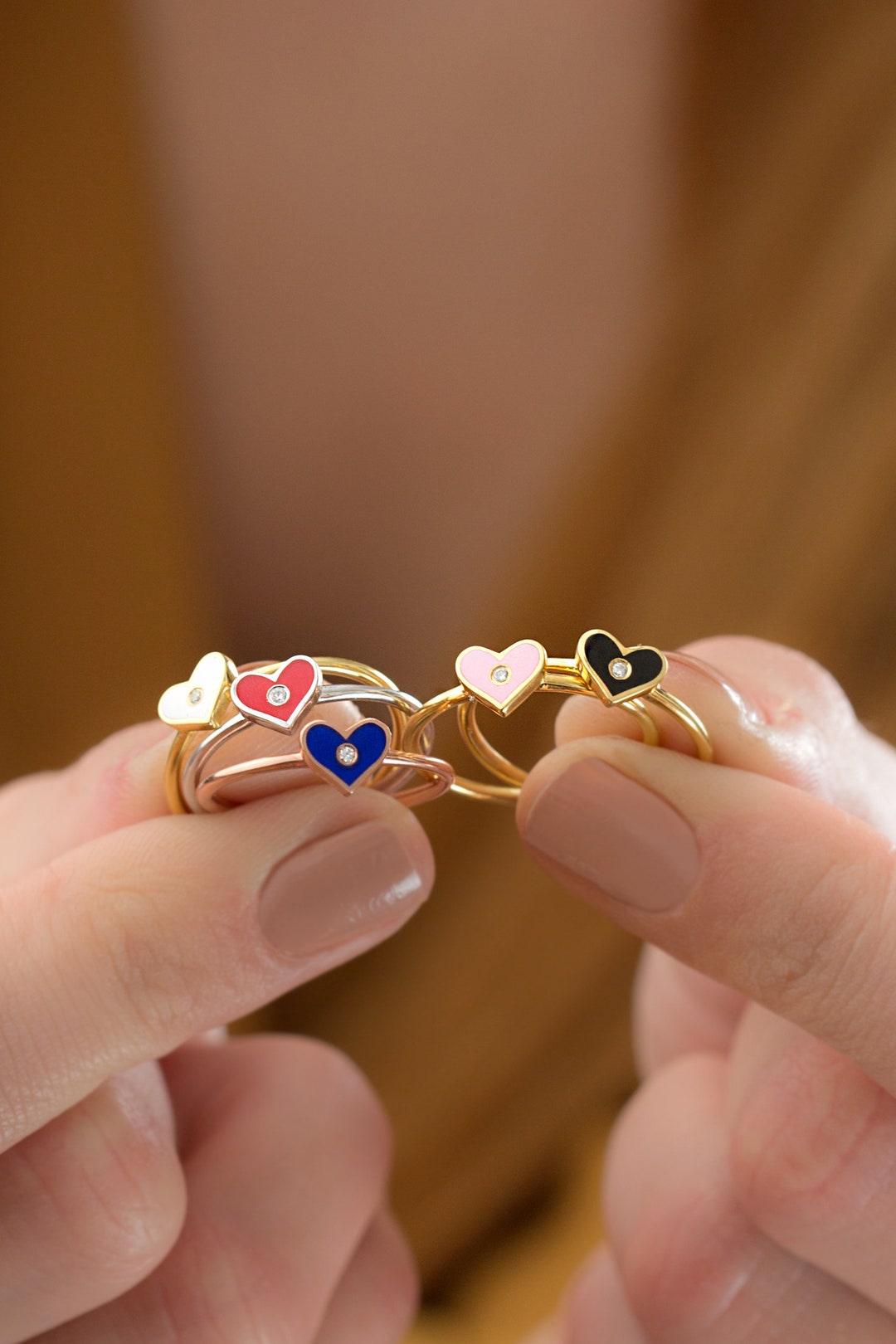 Dainty Colorful Enamel Heart Stackable Ring, Minimalist 10k 14k 18k Gold Enamel Ring, Black Pink ...