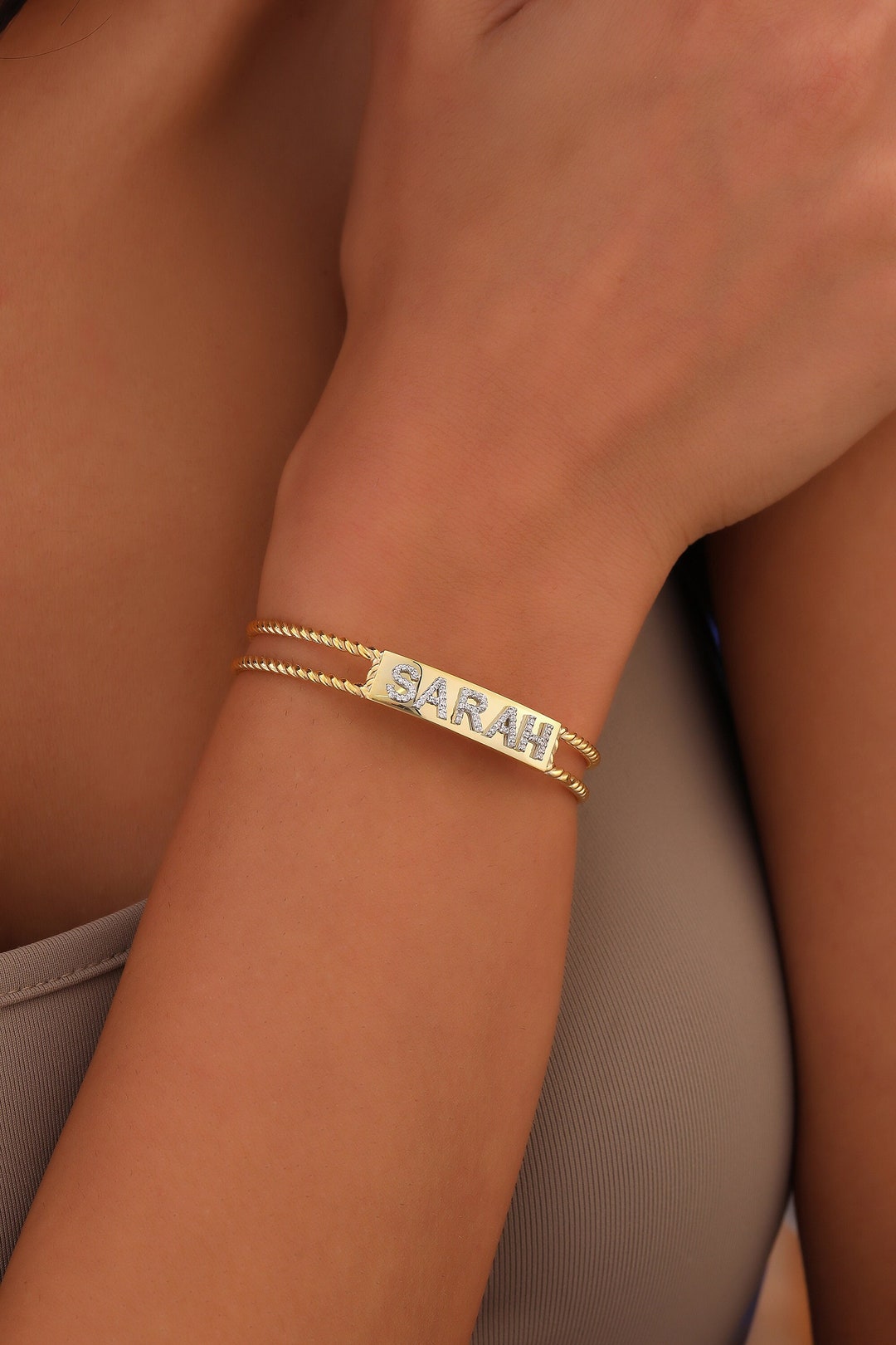 Diamond Custom Name Bangle Bracelet, Personalized Diamond Initial Bangle, 10k 14k 18k Gold Name ...