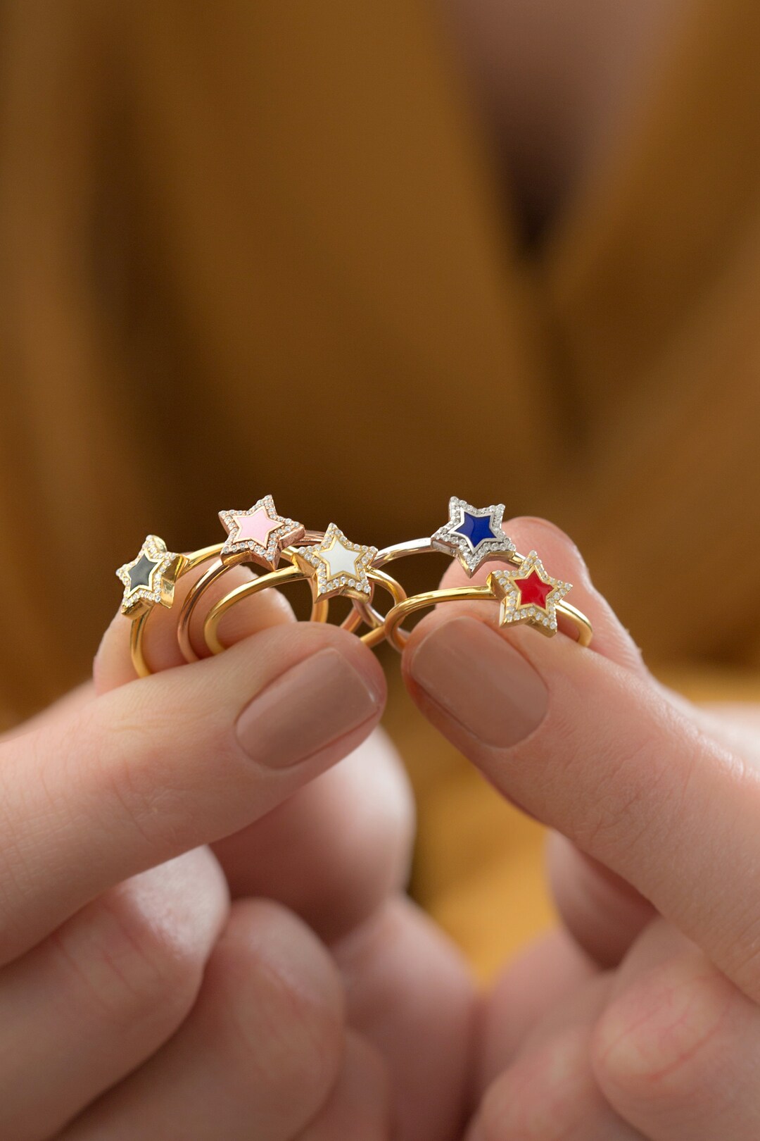 10k 14k 18k Gold CZ Enamel Star Ring, Solid Gold Stacking Ring, Unique ...