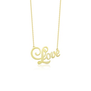 14k 18k Solid Gold Love Script Necklace for Women, Cursive Love Letter ...