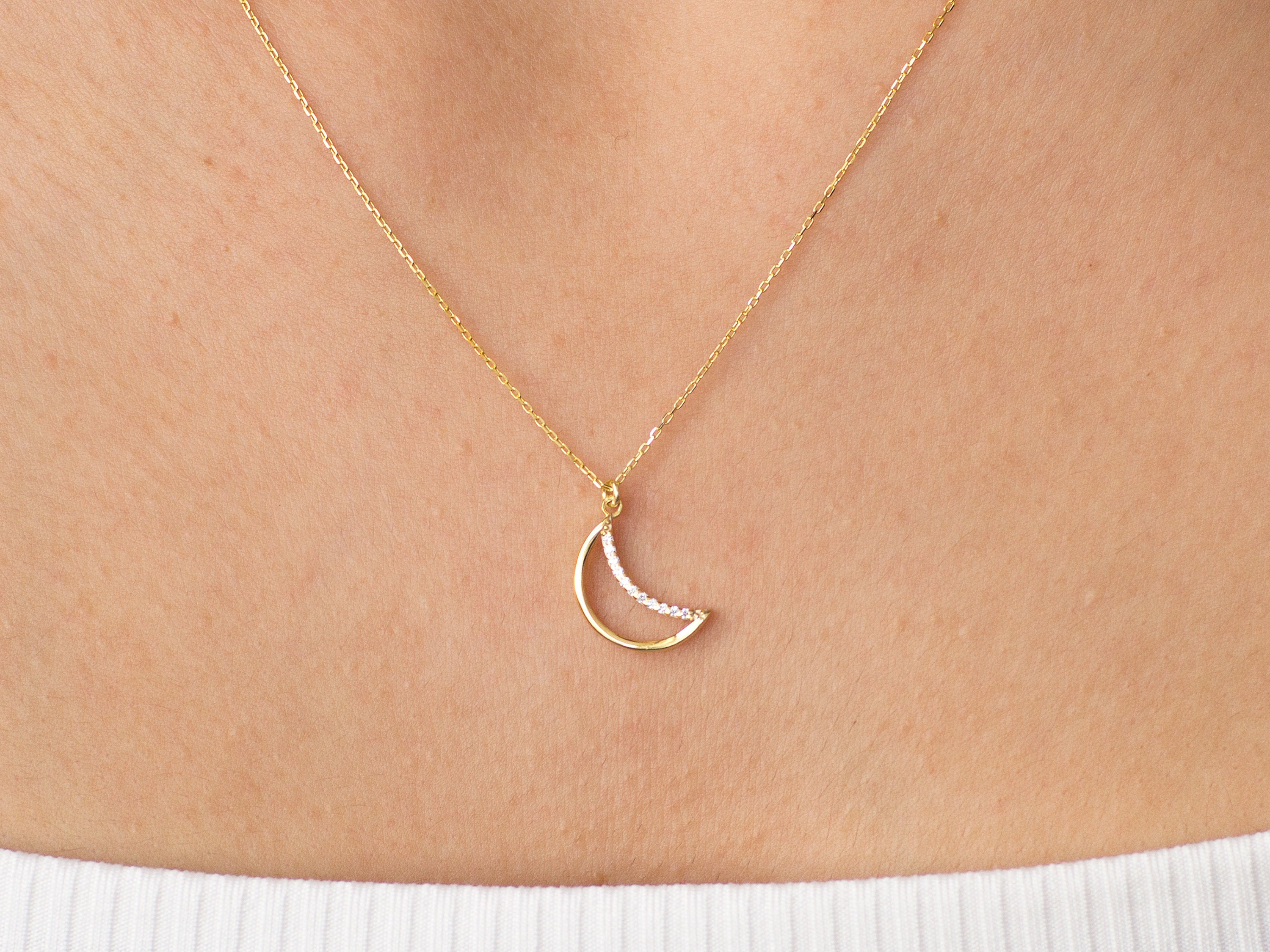Diamond Crescent Moon Necklace 10k 14k 18k Solid Gold Tiny | Etsy