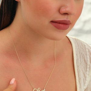 14k 18k Solid Gold Love Script Necklace for Women, Cursive Love Letter ...