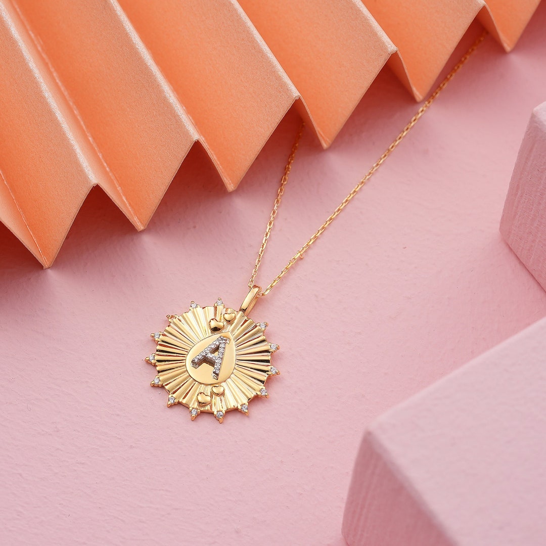 14k 18k Gold CZ Cubic Zirconia Initial Letter Necklace, Personalized ...