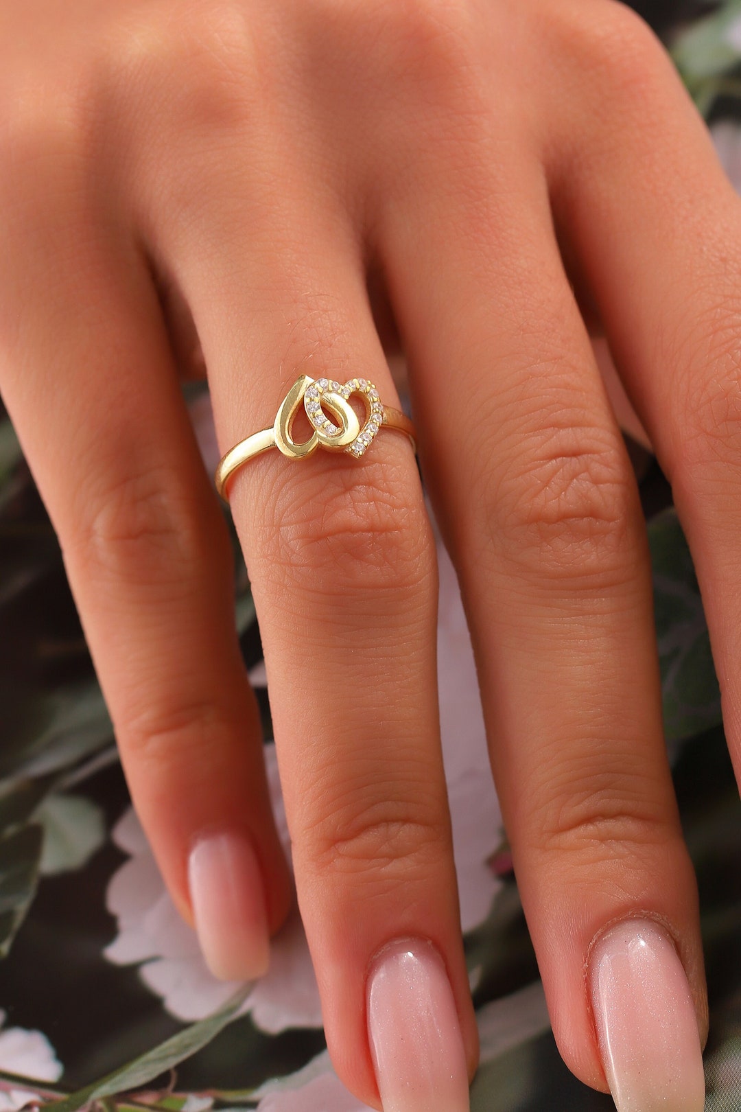 Gold CZ Double Open Heart Love Ring, 14k 18k 10k Gold Delicate Everyday ...