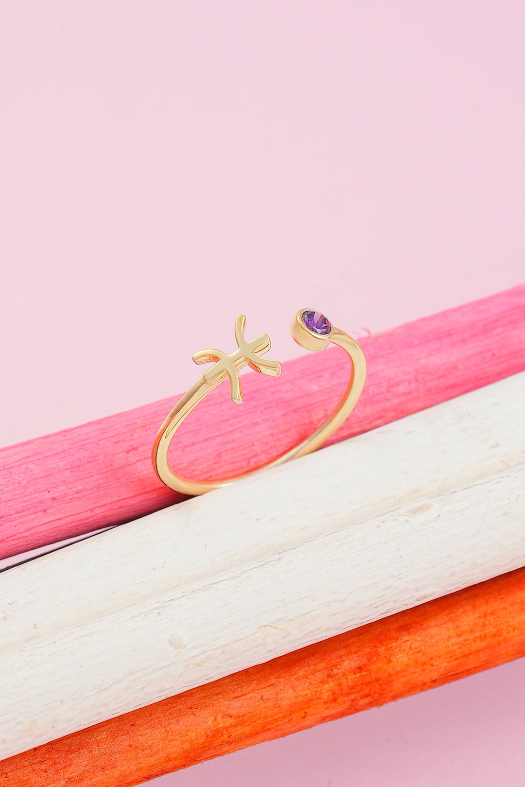 14k 18k Solid Gold Pisces Zodiac Sign Ring, February Month Amethyst ...