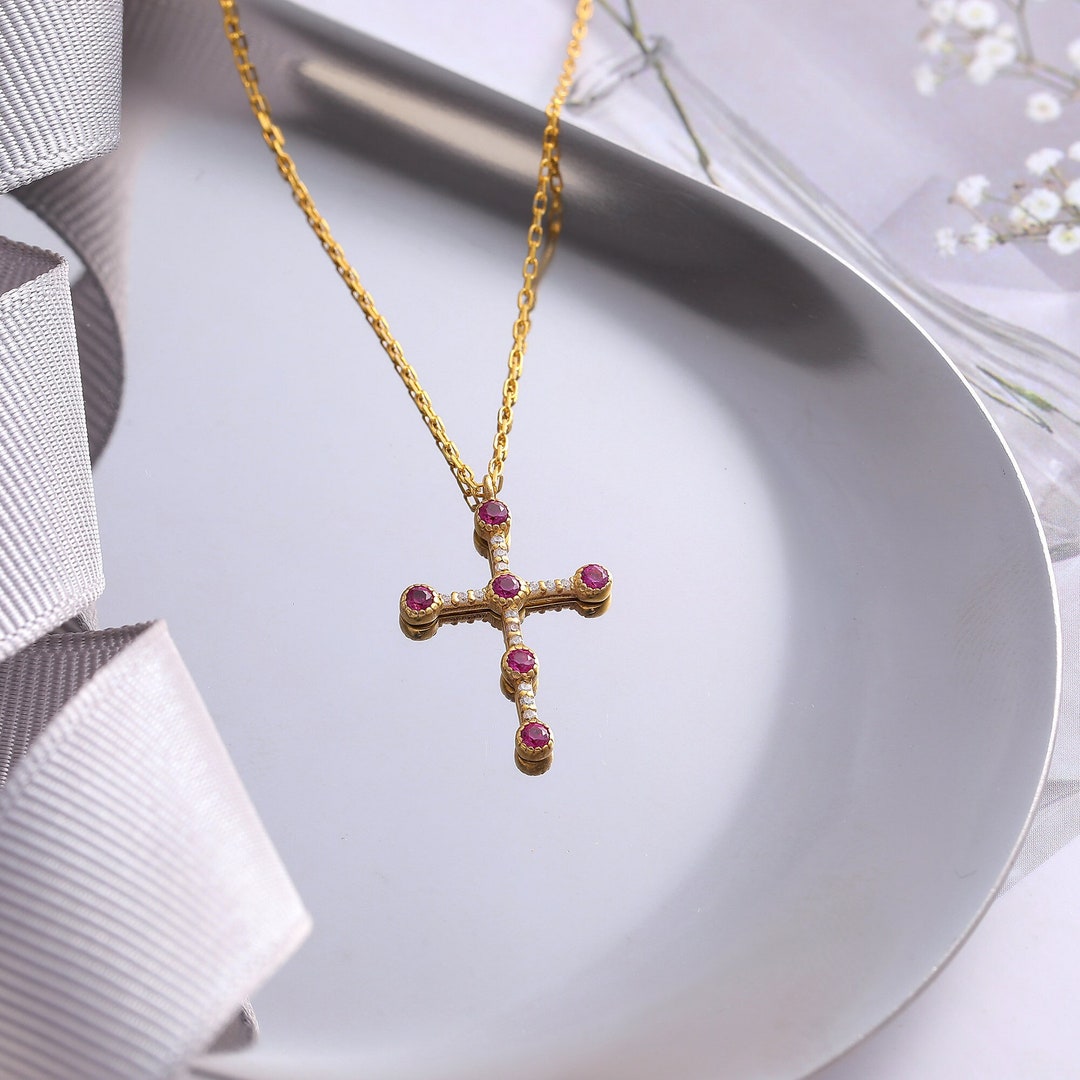 Pink Ruby CZ Cross Necklace, 14k Solid Gold Christian Cross Necklace ...