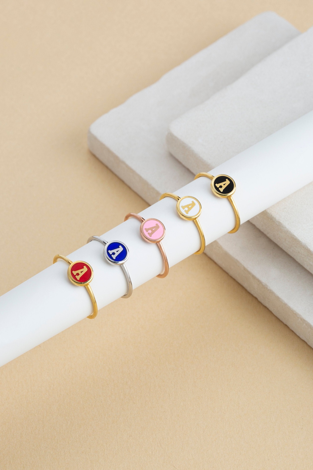 10k 14k 18k Gold Colorful Enamel Alphabet Ring, Custom Initial Ring ...