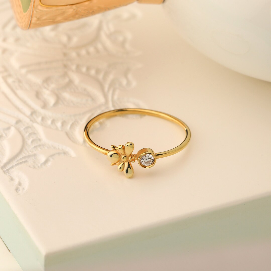 Delicate Unique Honey Bee Ring, Bezel Set Gold CZ Bumble Bee Ring ...
