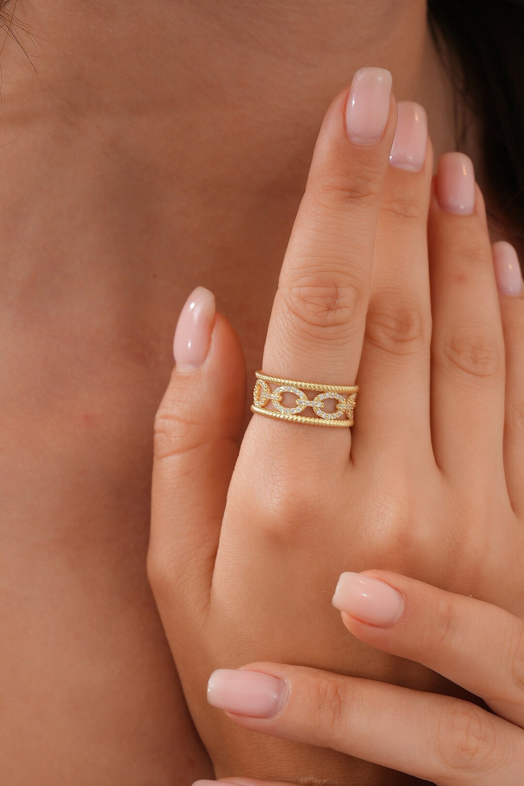 Gold CZ Link Chain and Twisted Rope Ring, Wide Band Statement Ring ...