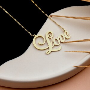 14k 18k Solid Gold Love Script Necklace for Women, Cursive Love Letter ...