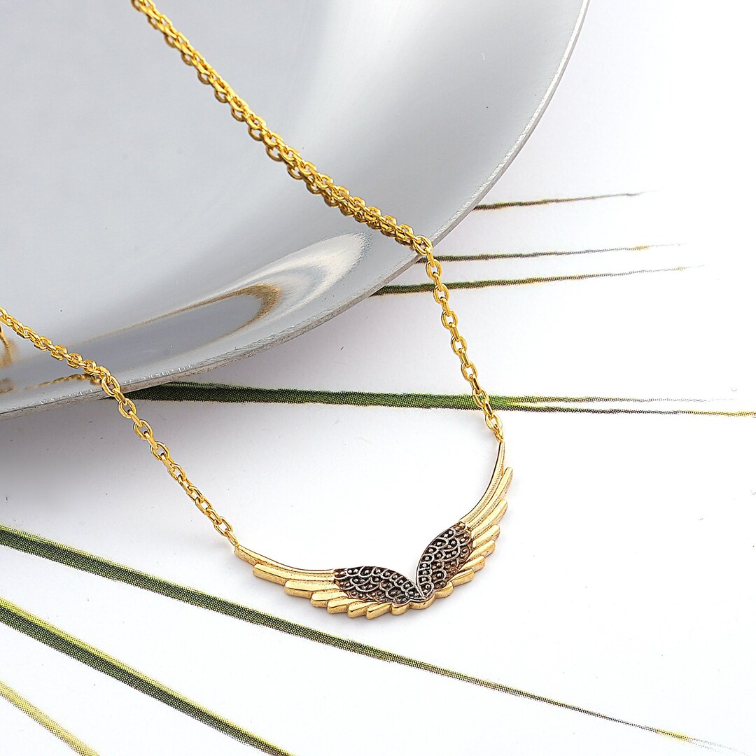 14k 18k Solid Gold Angel Wing Necklace for Mom, Angel Wing in Loving ...