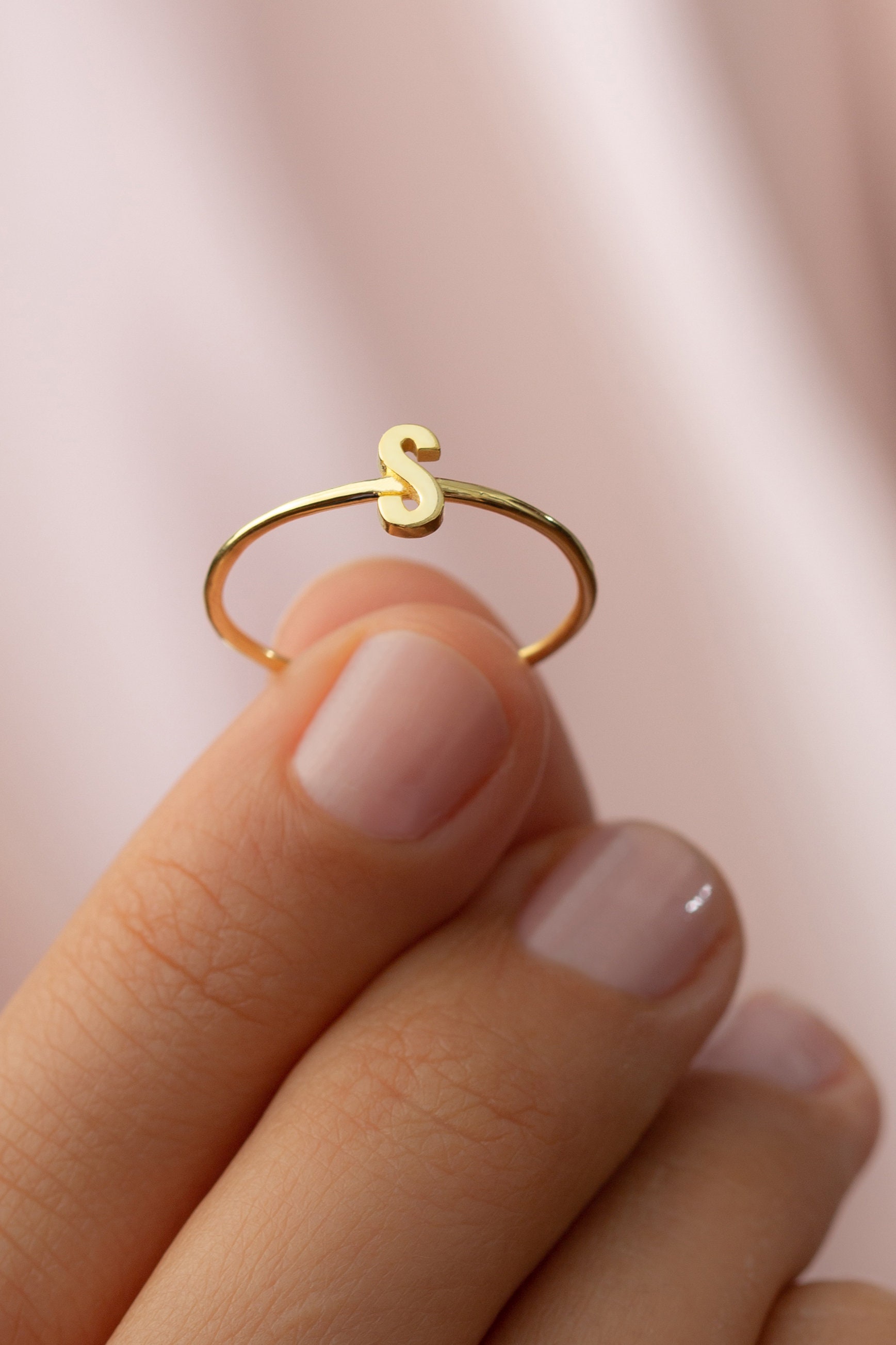 10k 14k 18k Gold Initial Letter Ring Dainty Gold Stackable | Etsy