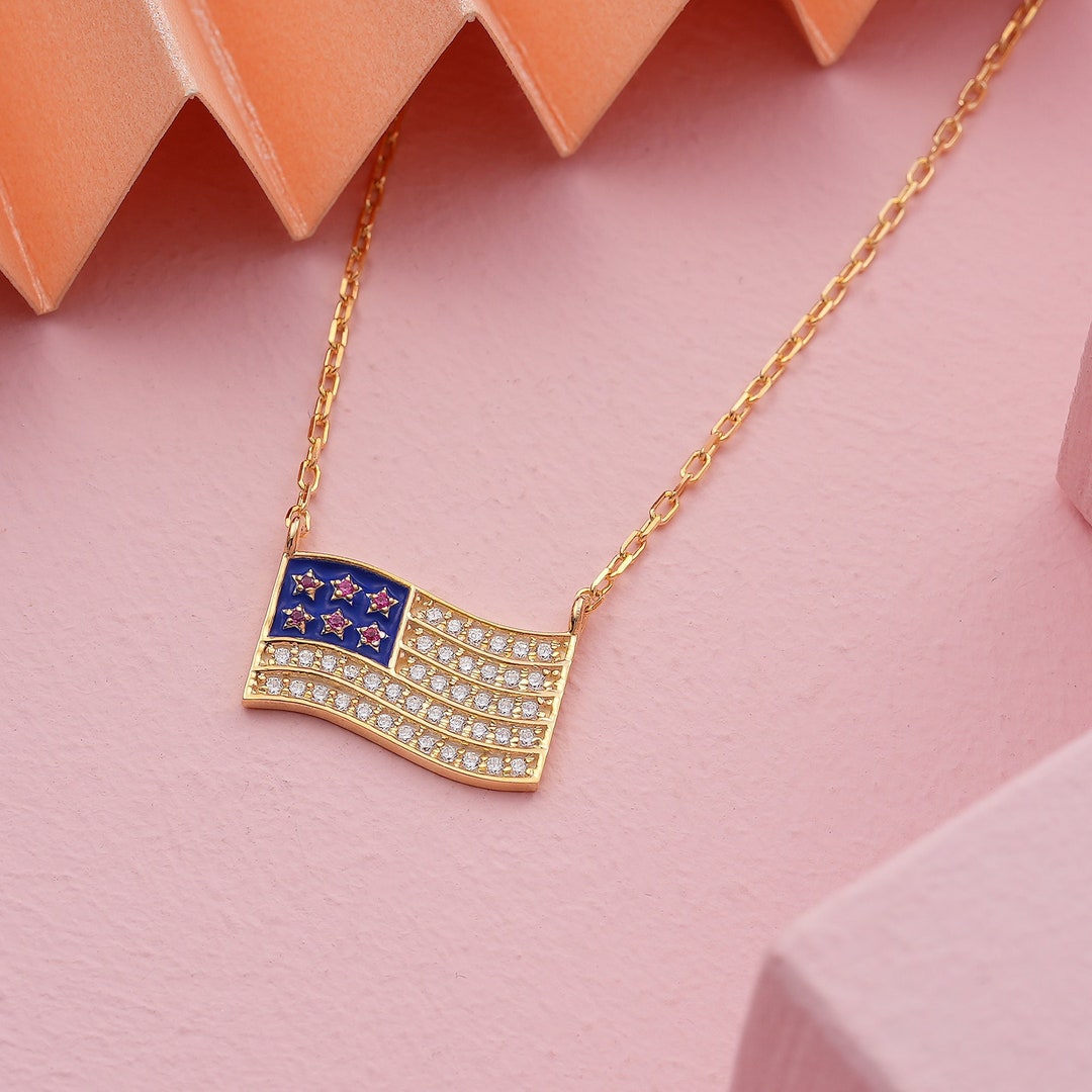 14k 18k Gold CZ American Flag Charm Necklace, 4th of July Independence ...
