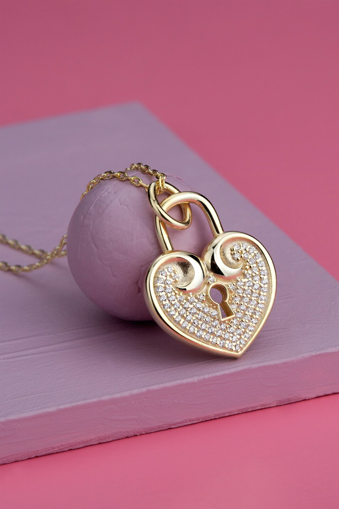 Gold CZ Heart Padlock Necklace, 14k 18k 10k Solid Gold Lock Necklace ...