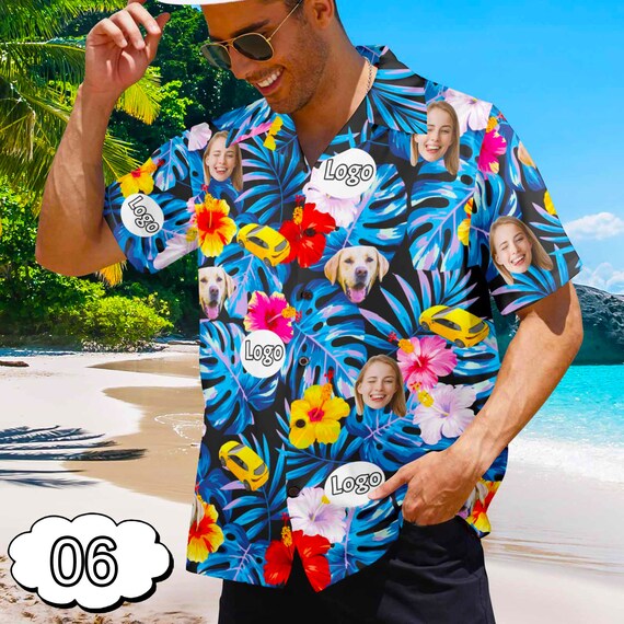 YesCustomStore Custom Hawaiian Shirt Made in USA Personalized Hawaiian Shirt with Face Logo Pet Customize Beach Shirts Hawaiian Shirts for Men Women