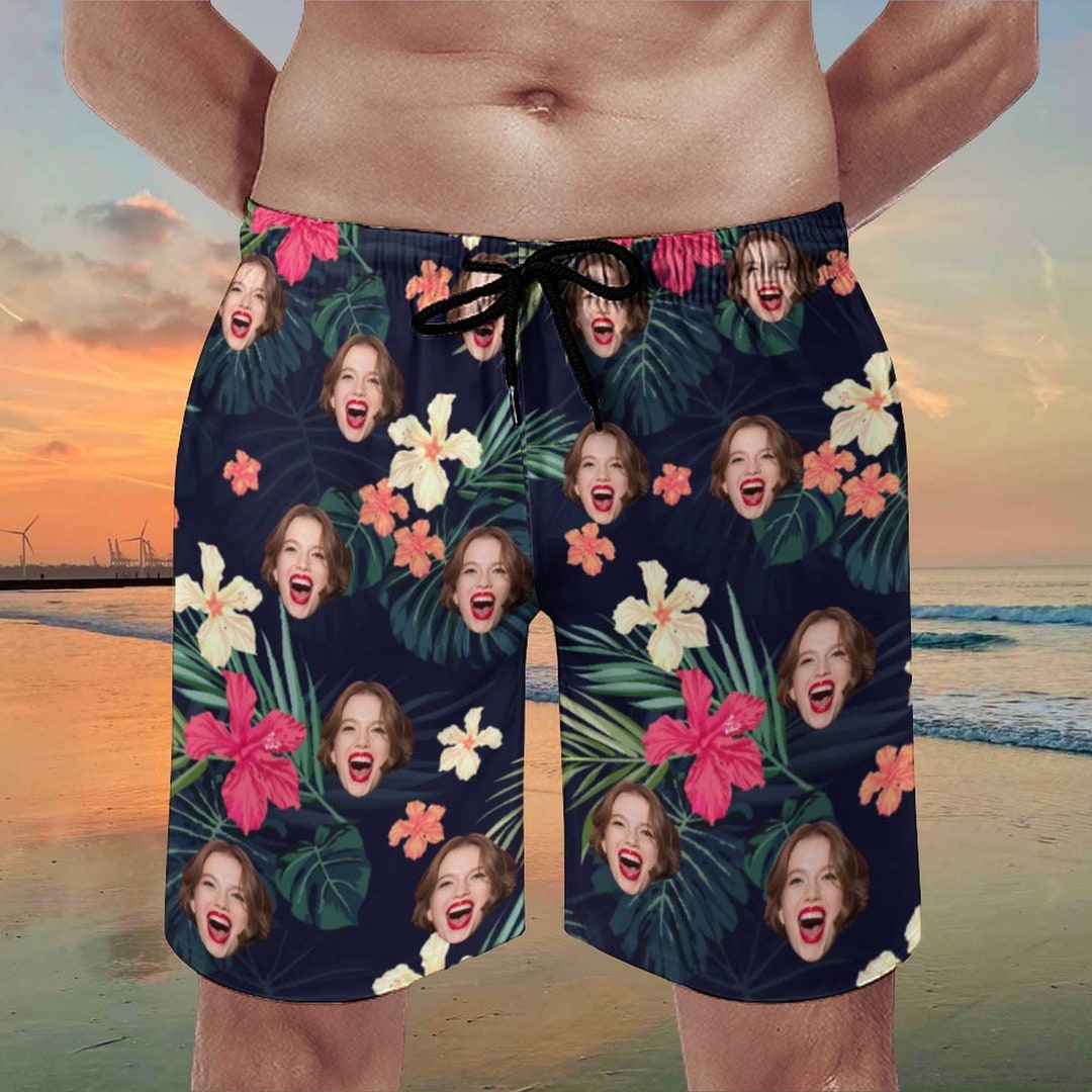 Custom Beach Shorts With Face, Personalized Flower Photo Swim Trunks ...