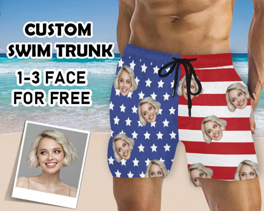Custom Beach Shorts With Face, Personalized US Flag Swim Trunks With ...
