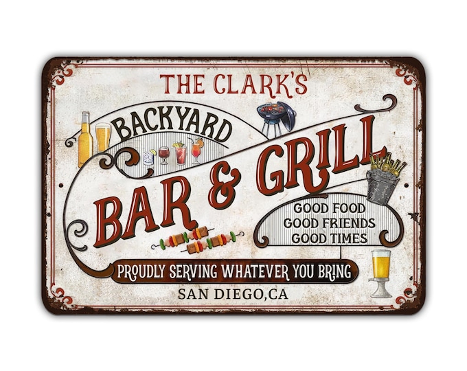 Bar and Grill Metal Sign, Personalized Family Name for Patio Poolside ...