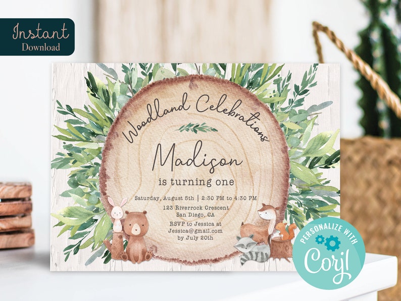 Editable Greenery Woodland Invitation Rustic Wood Slice Forest Animal ...