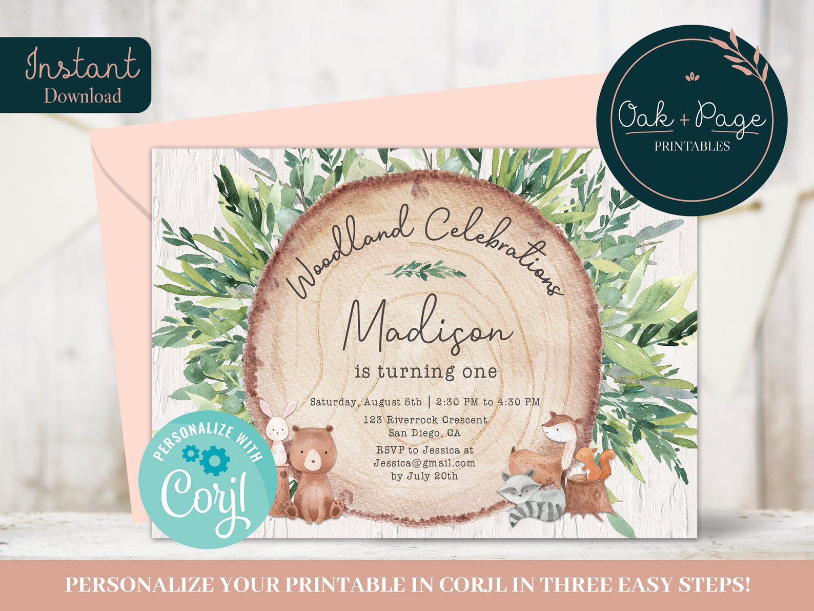 Editable Greenery Woodland Invitation Rustic Wood Slice Forest Animal ...