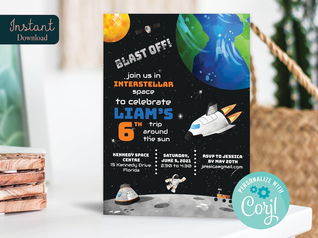 Editable Boys Space Birthday Invitation Astronaut Blast off Spaceship ...