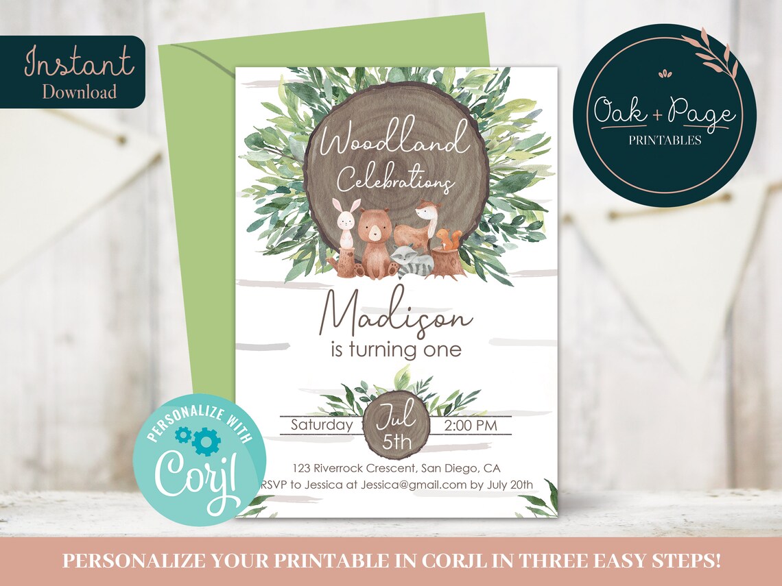 Editable Greenery Woodland Invitation Rustic Wood Slice - Etsy
