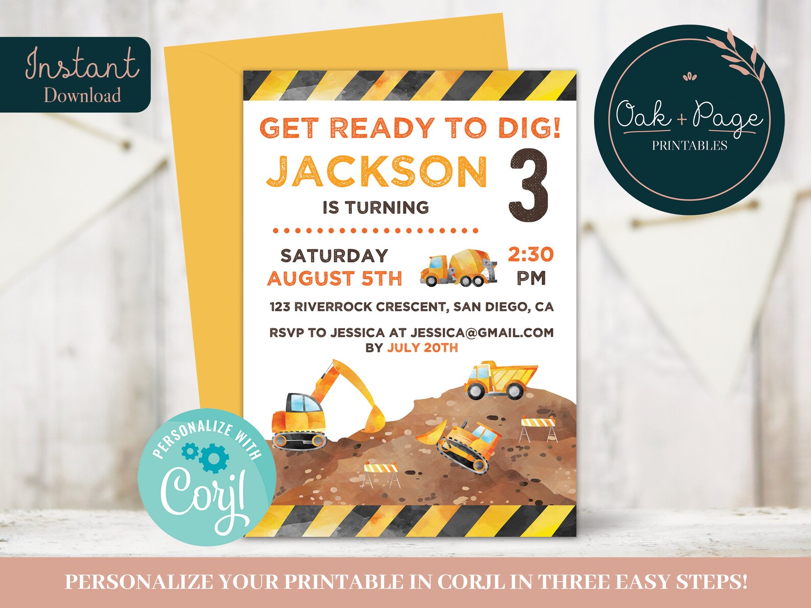 Editable Boys Construction Birthday Invitation Excavator Dump Truck ...