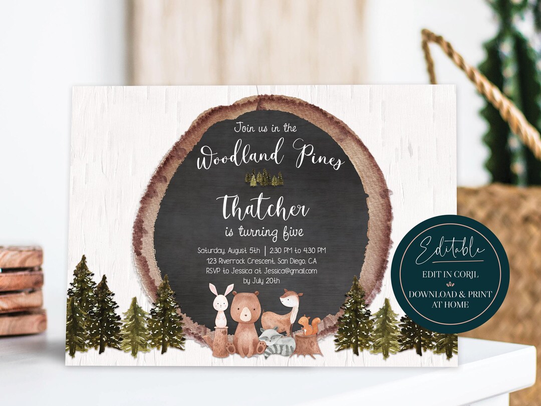 Editable Woodland Chalk Wood Slice Invitation | Rustic Forest Animal ...
