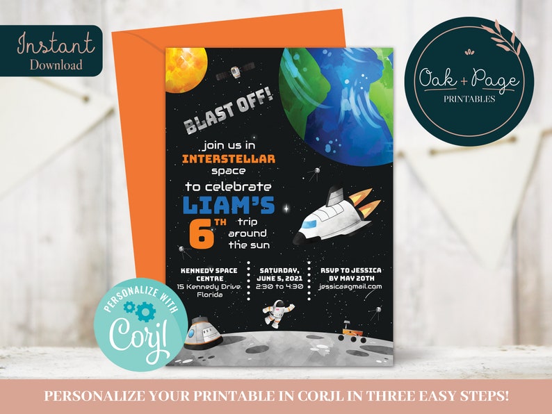 Editable Boys Space Birthday Invitation Astronaut Blast off Spaceship ...