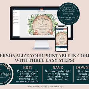 Editable Greenery Woodland Invitation | Rustic Wood Slice Forest Animal ...