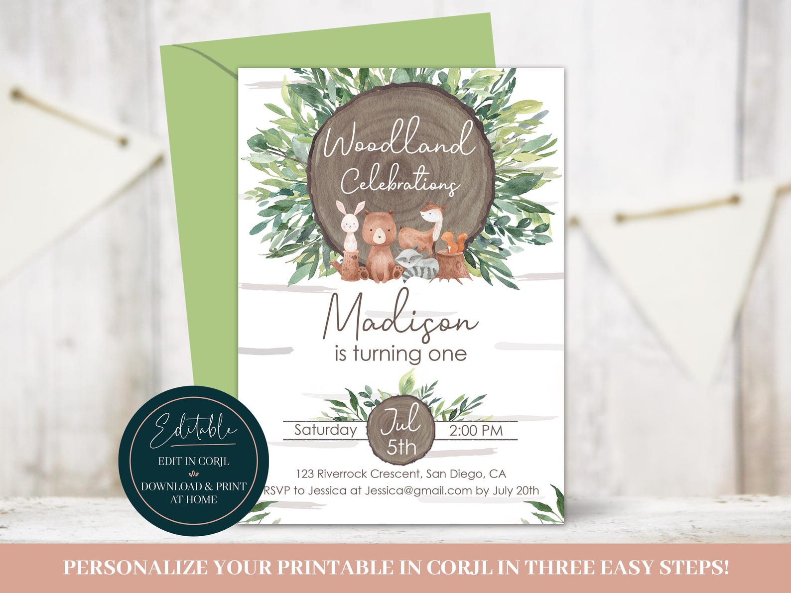 Editable Greenery Woodland Invitation | Rustic Wood Slice Forest Animal ...