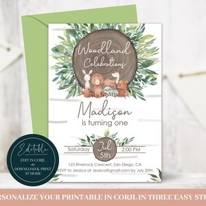 Editable Greenery Woodland Invitation | Rustic Wood Slice Forest Animal ...