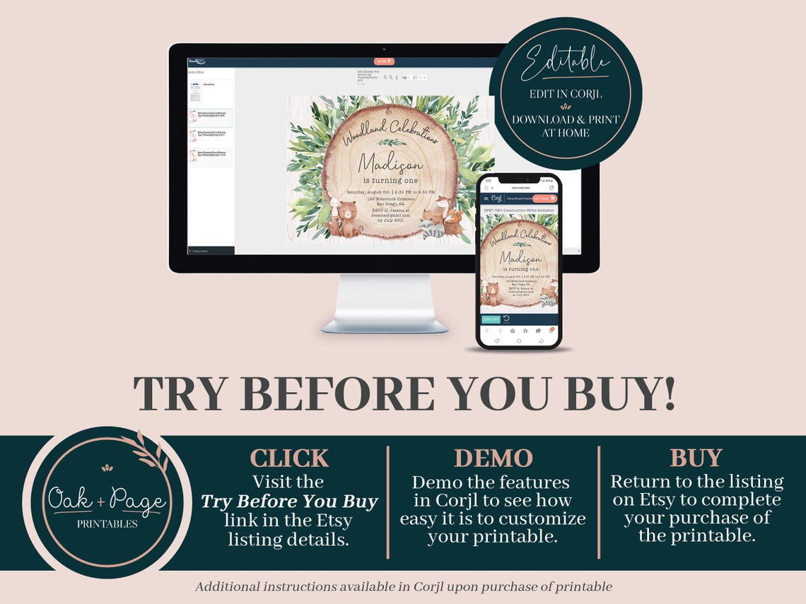 Editable Greenery Woodland Invitation | Rustic Wood Slice Forest Animal ...