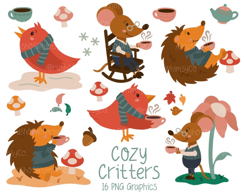 Cozy Critters PNG Clip Art Set 16 Illustrations / Woodland Creatures ...