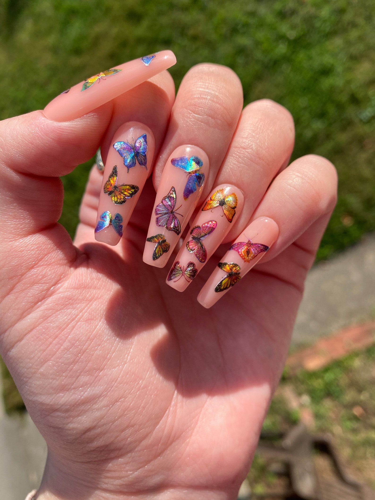 METAMORPHOSIS | Pale Pink Press on Nails With Multicolored Holographic ...