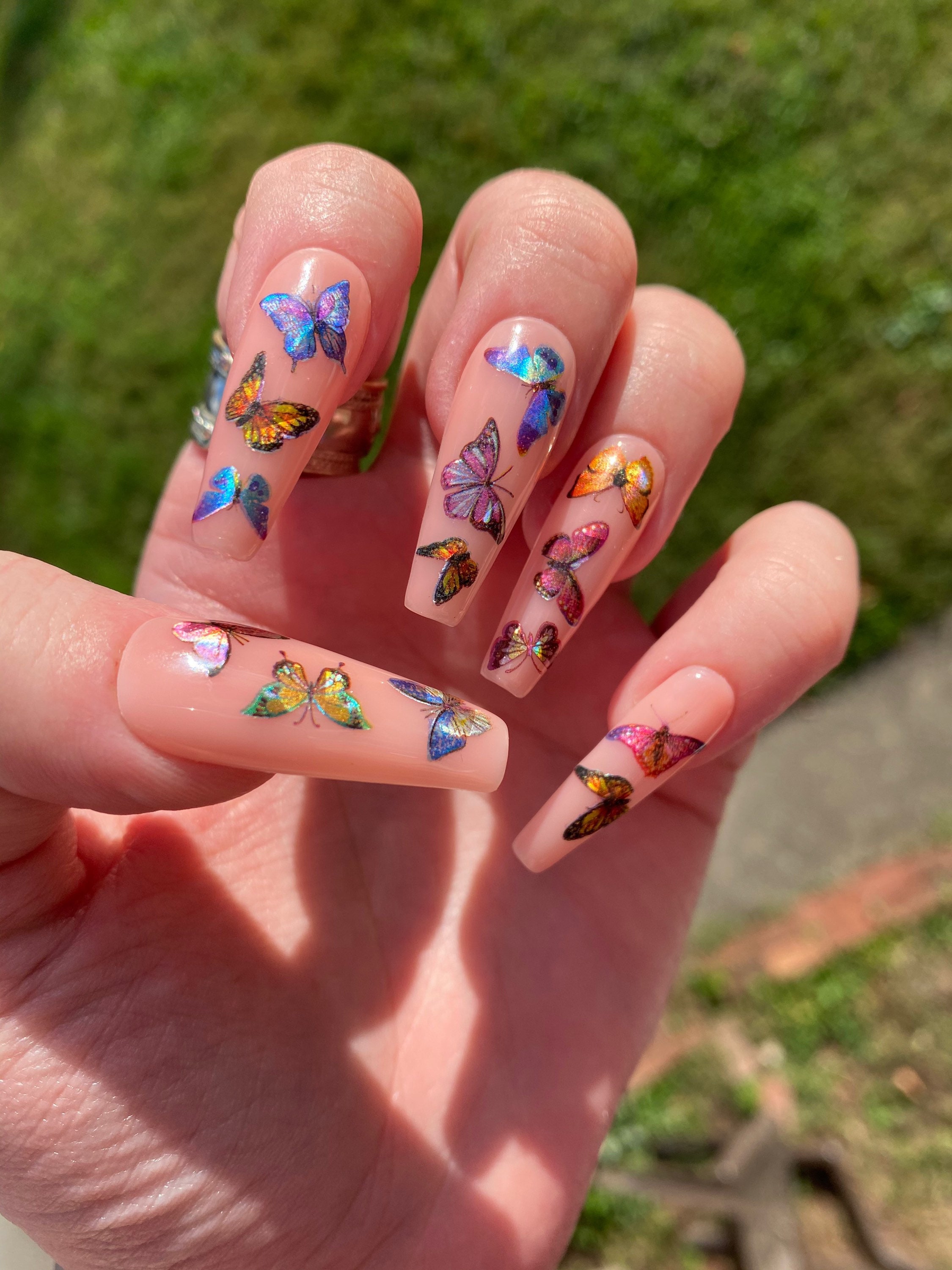 METAMORPHOSIS | Pale Pink Press on Nails With Multicolored Holographic ...
