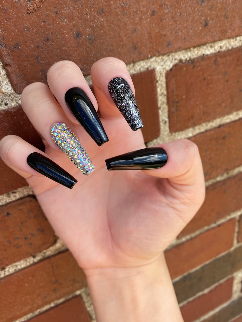 SIREN Glossy Black Press On Nails with Holo Glitter and | Etsy